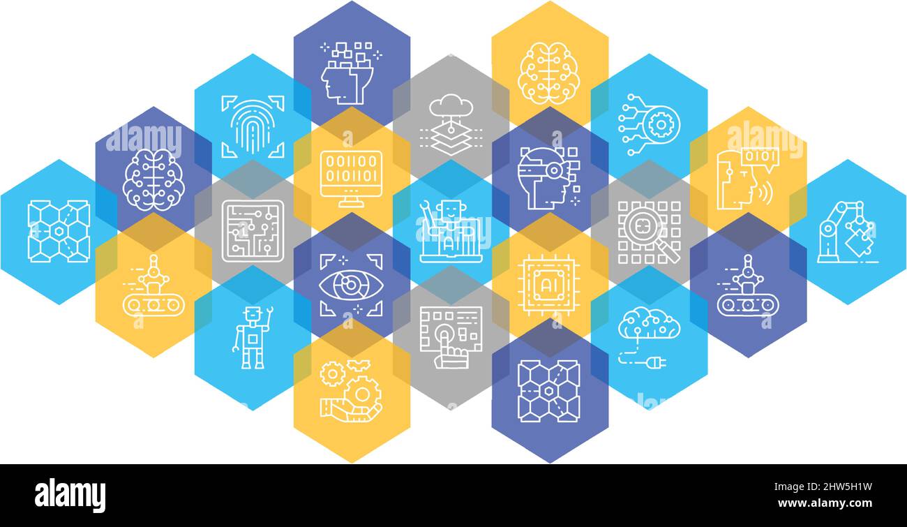 Artificial Intelligence web page banner. Robotics, Chatbot, Database, Big Data line icons ...