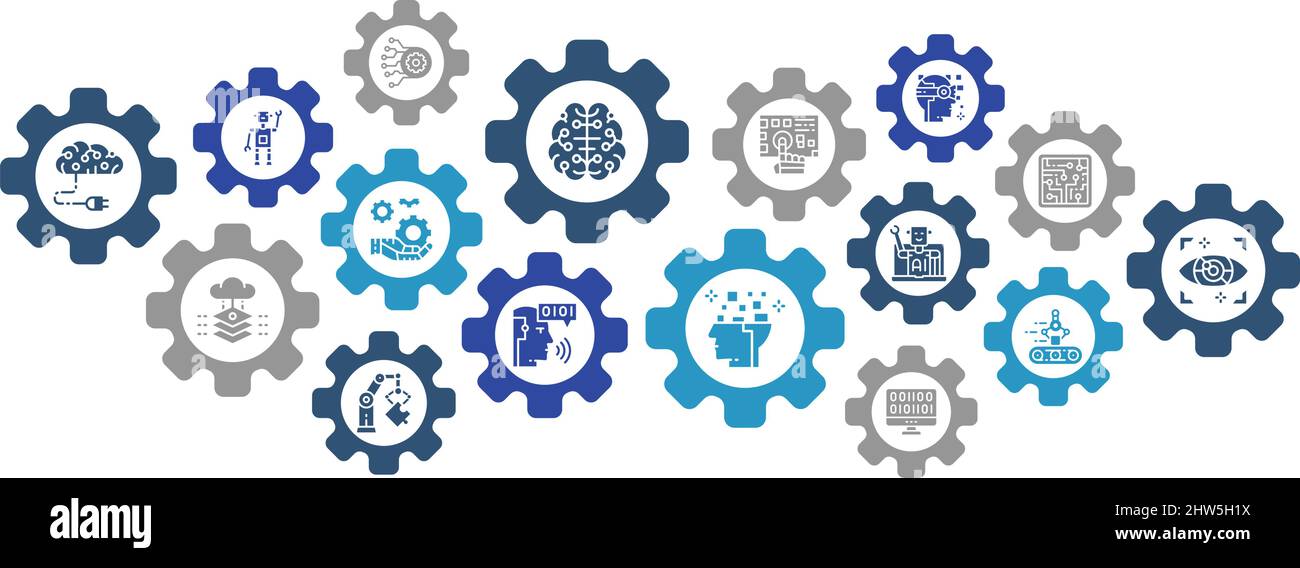 Artificial Intelligence vector banner design concept. Robotics, Chatbot, Database, Big Data flat ...