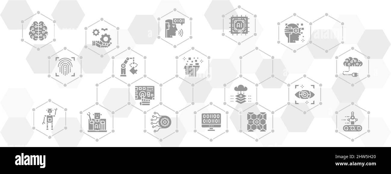 Artificial Intelligence vector banner with icons. Robotics, Chatbot, Database, Big Data web ...