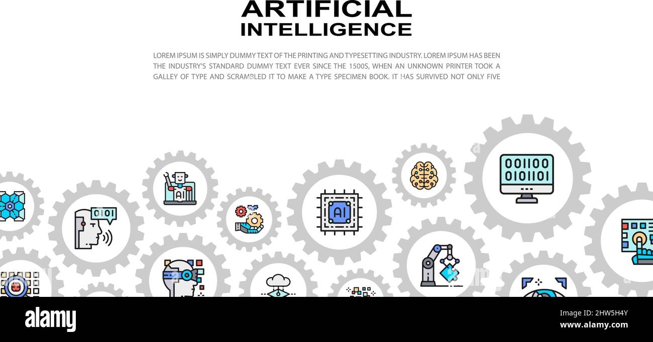Artificial Intelligence landing page with colored icons. Robotics, Chatbot, Database, Big Data ...