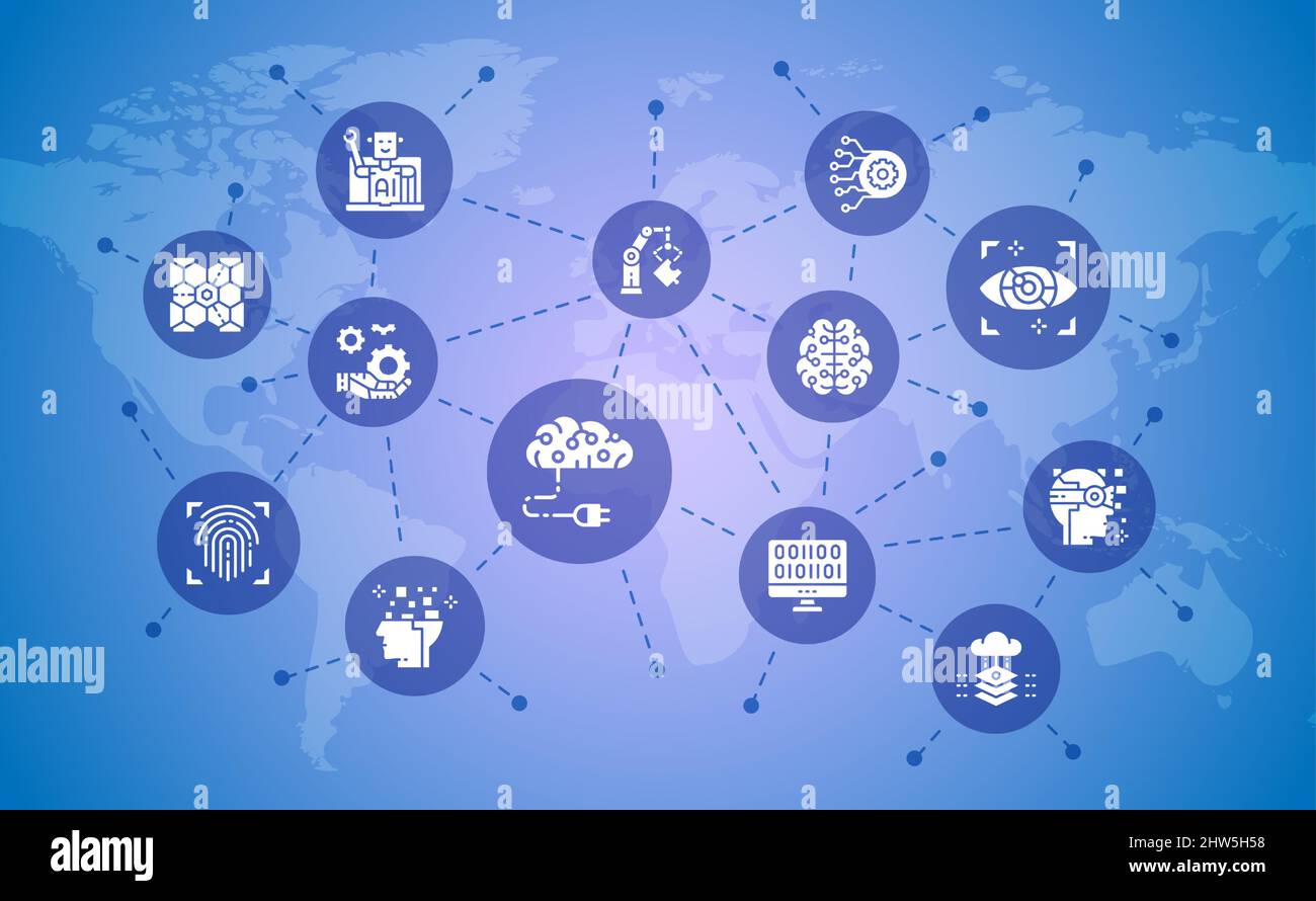 Artificial Intelligence business banner concept. Robotics, Chatbot, Database, Big Data ...