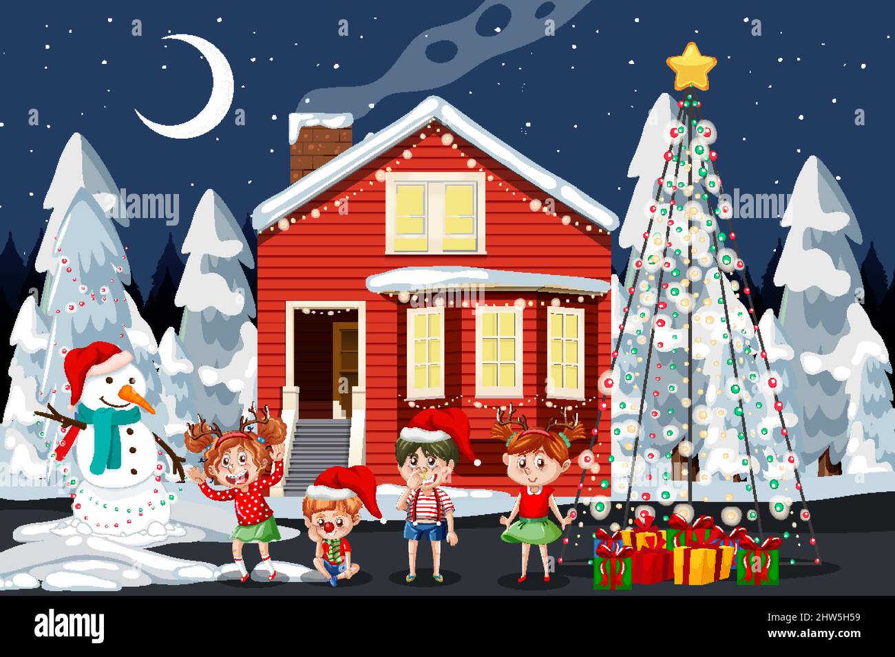 Christmas winter scene with happy children illustration Stock Vector ...