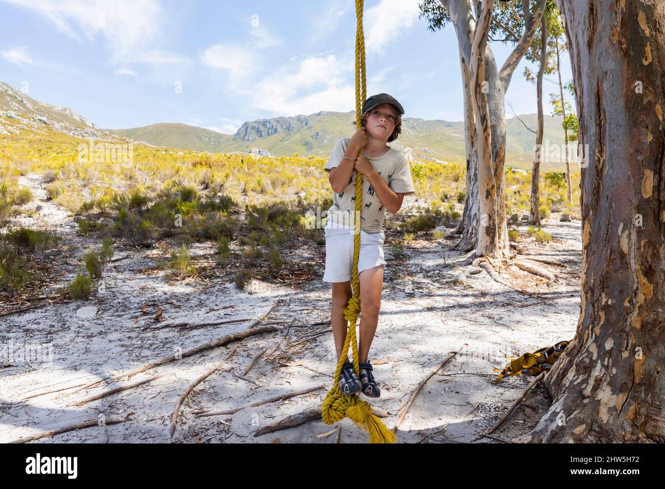 South Africa, Stanford, Boy (8-9) playing on tree rope in Phillipskop ...
