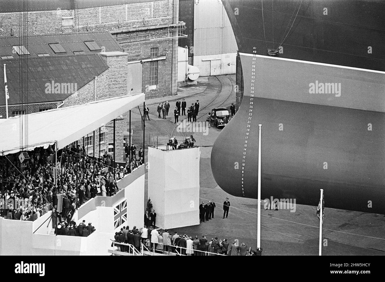 Queen Elizabeth II launching the Cunard Cruise Liner, The QE2 in the ...