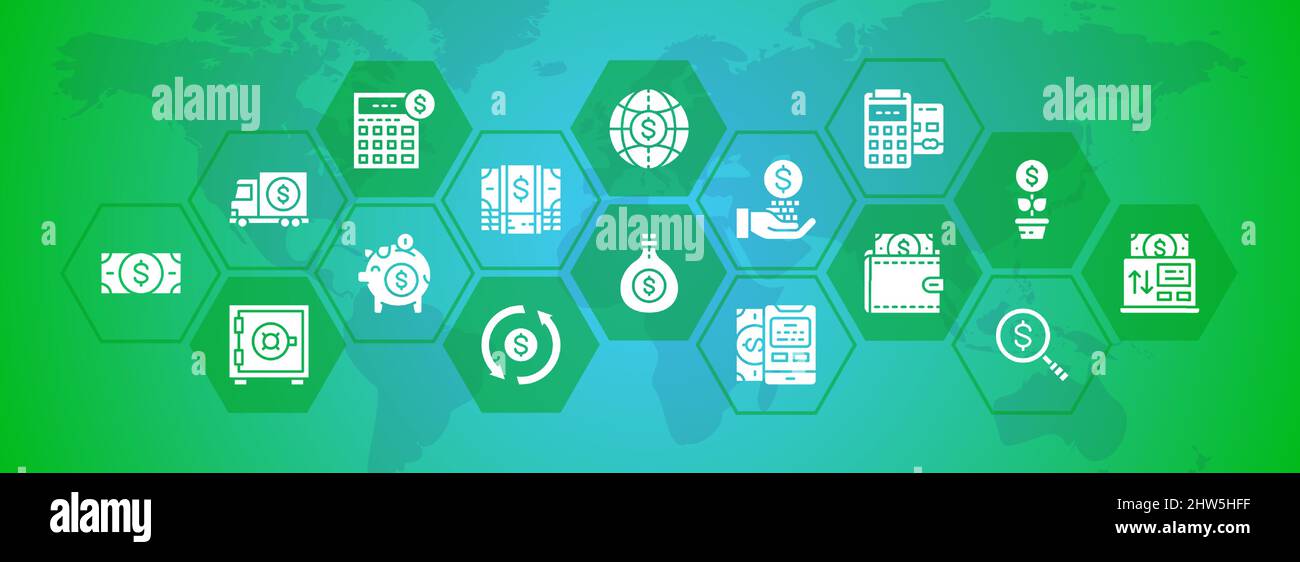Money and Banking icons banner. Credit Card, Currency Exchange, Atm ...