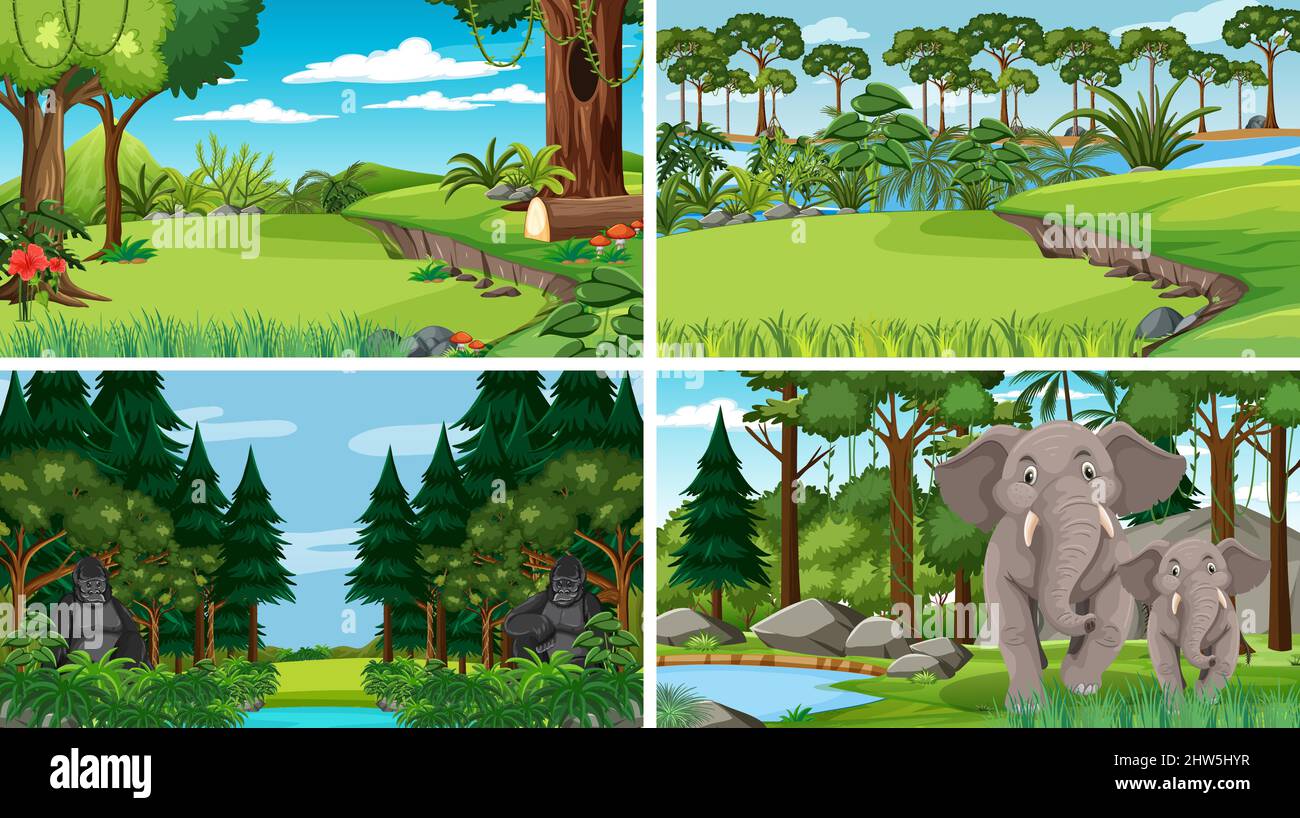 Four scenes with trees in the forest illustration Stock Vector Image ...