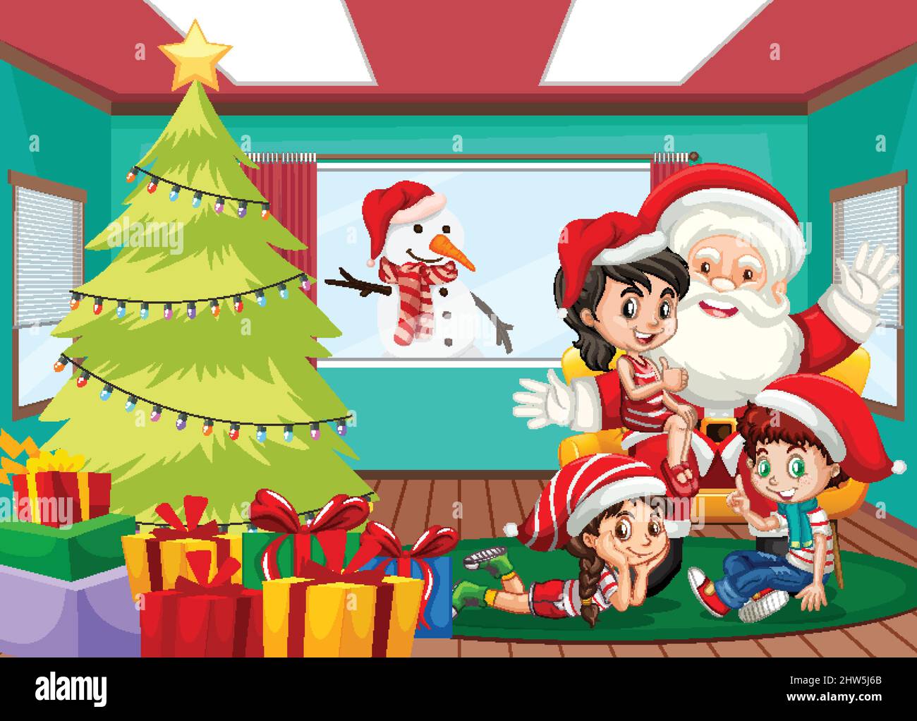 Santa Claus with happy children in the room scene illustration Stock ...