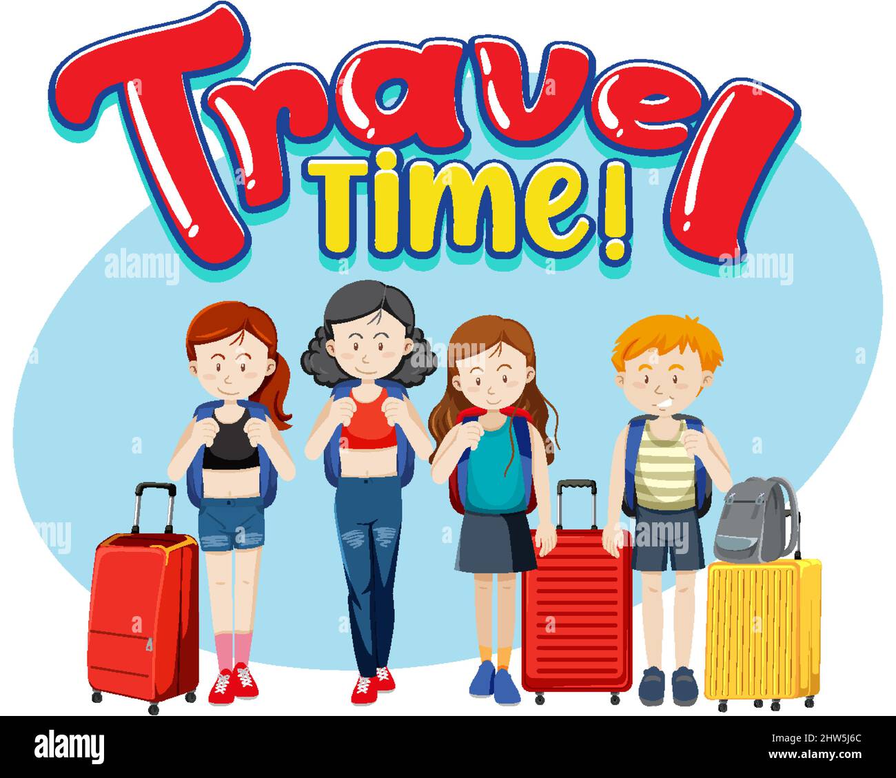 Travel Time typography design with traveller characters illustration ...
