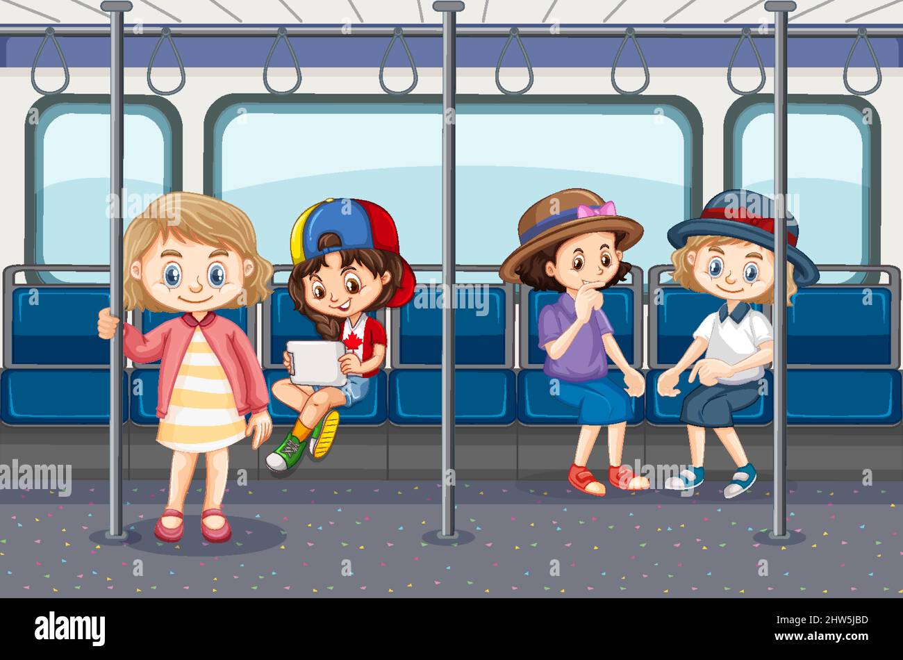Scene with many people using public transportation illustration Stock ...