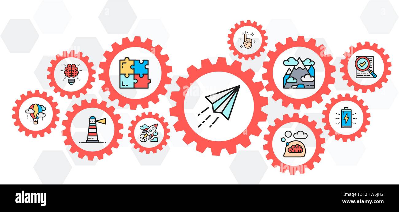 Creative colored icons vector banner. Innovation, startup, artwork ...