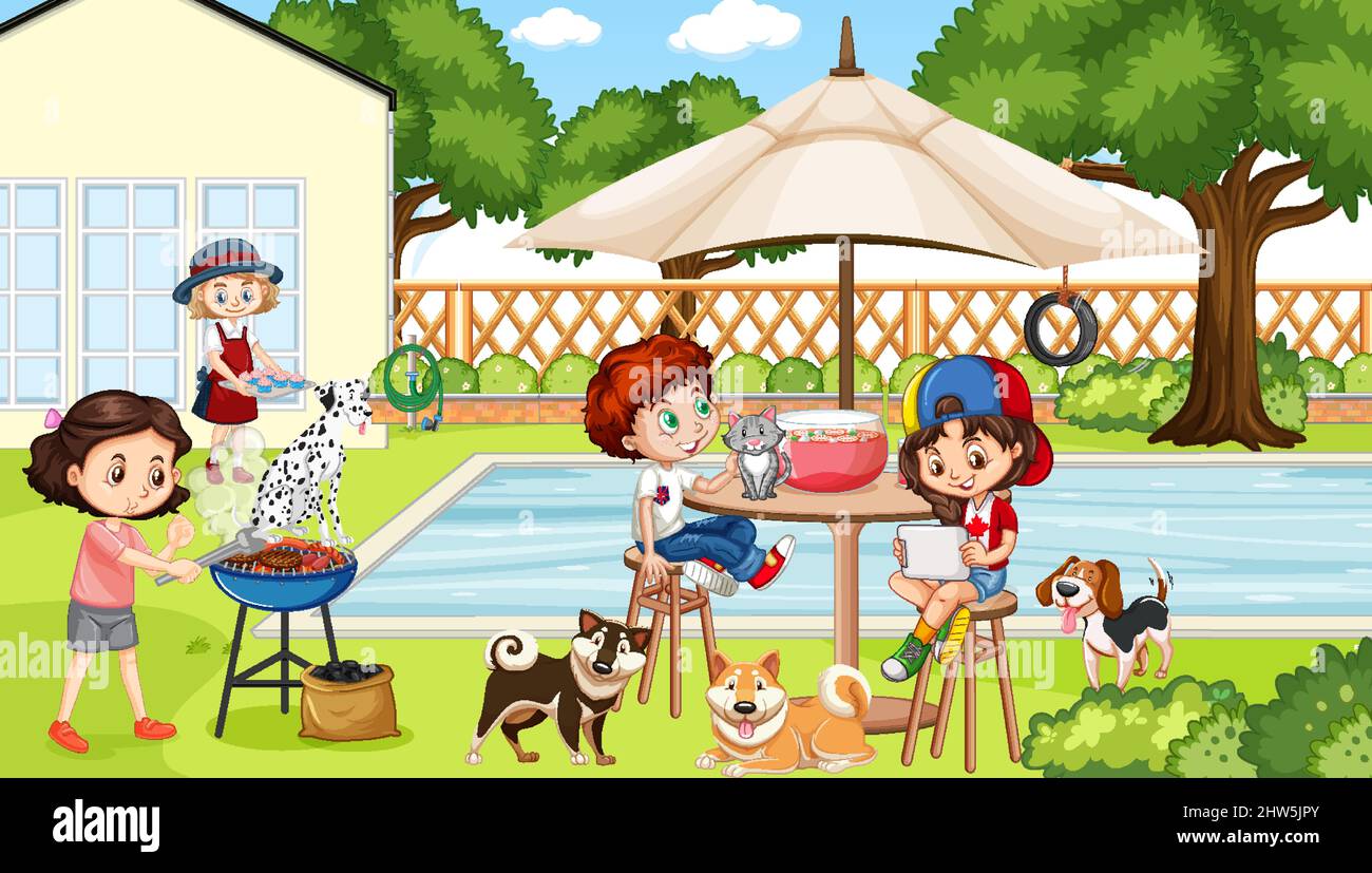 Scene of backyard with kids and fence illustration Stock Vector Image ...