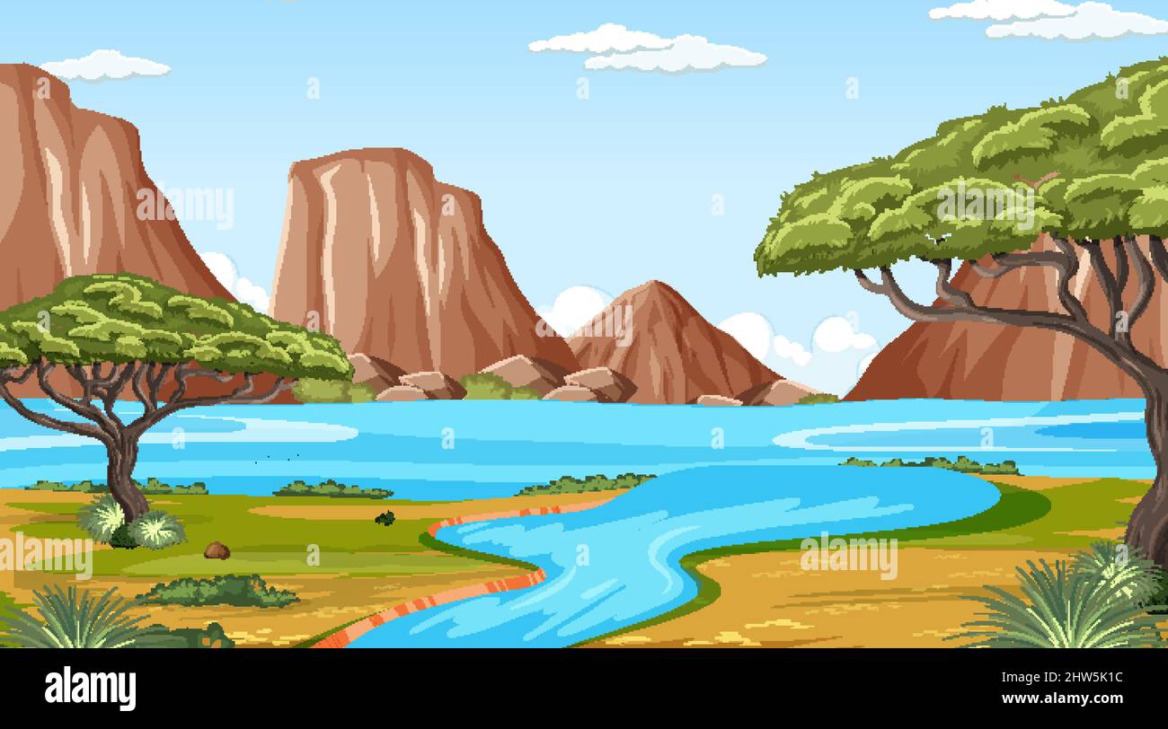 Nature scene with pond and trees illustration Stock Vector Image & Art ...