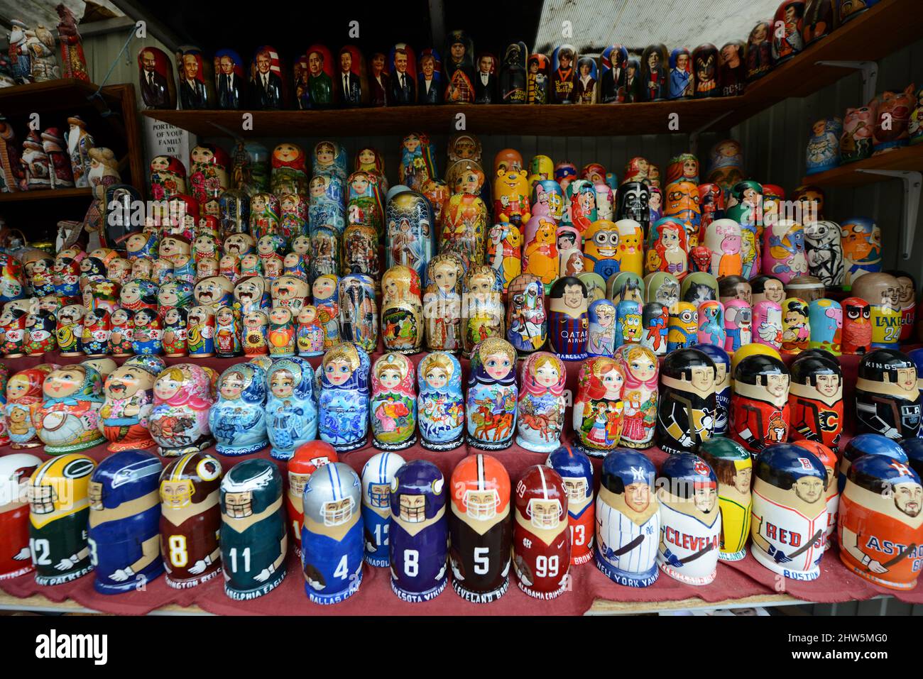 Traditional and modern Matryoshka dolls displayed by an artist in his ...