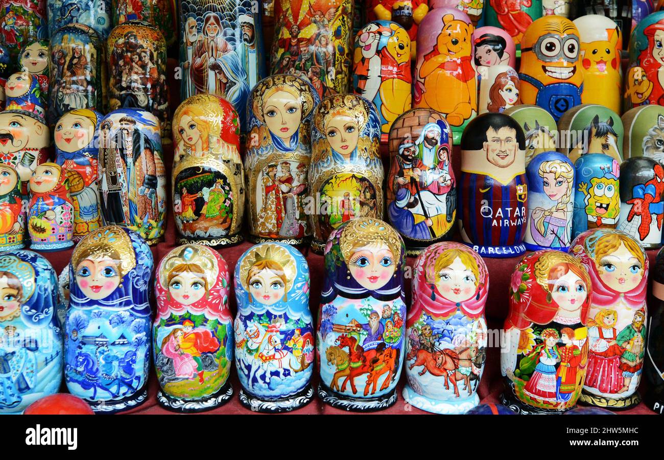 Traditional Matryoshka dolls displayed by an artist in his stall on ...