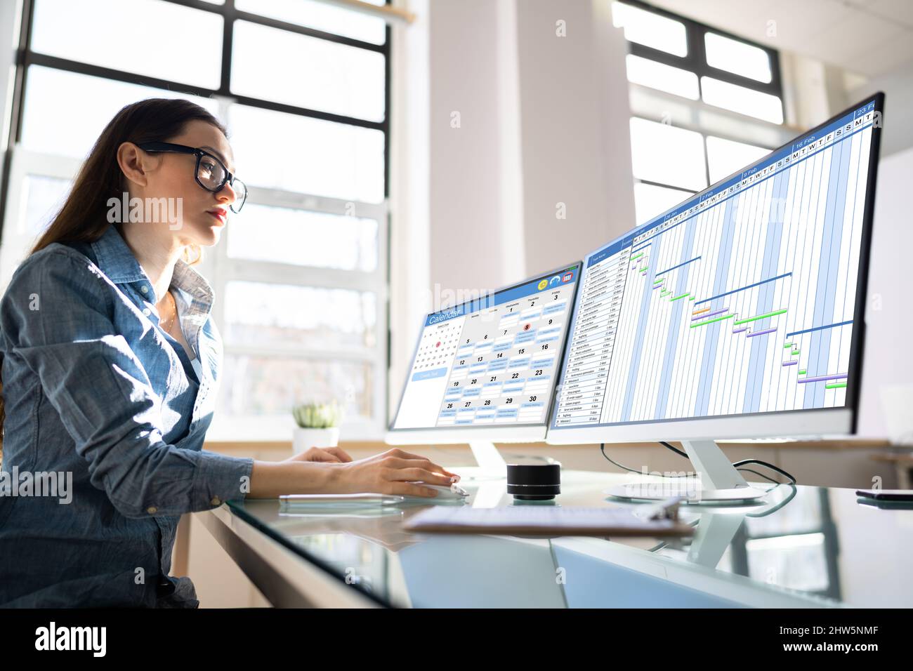 Business Woman Using Calendar Agenda Schedule On Computer Screen Stock ...