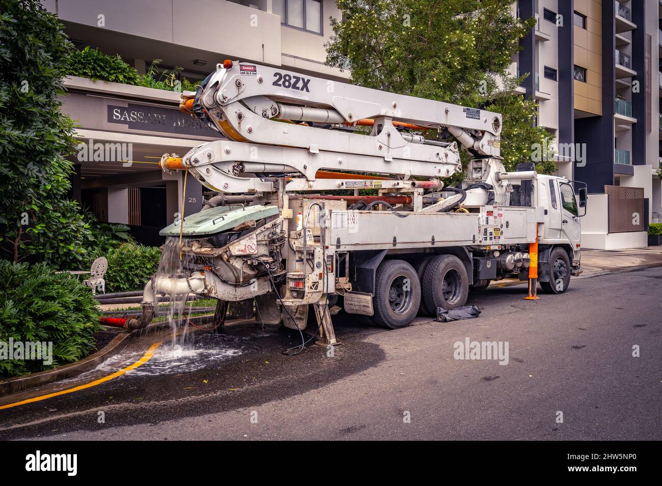 Brisbane, Queensland, Australia - Mar 4, 2022: Concrete pumping machine ...