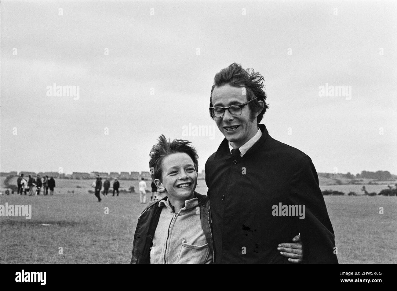 Ken Loach, (film director) on the school football playing field, during ...