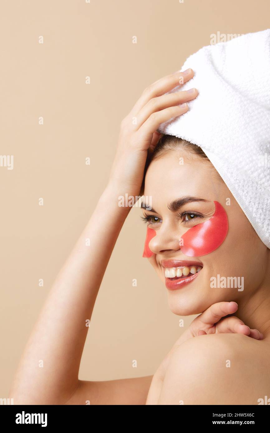 beautiful woman pink patches clean skin smile posing beige background ...