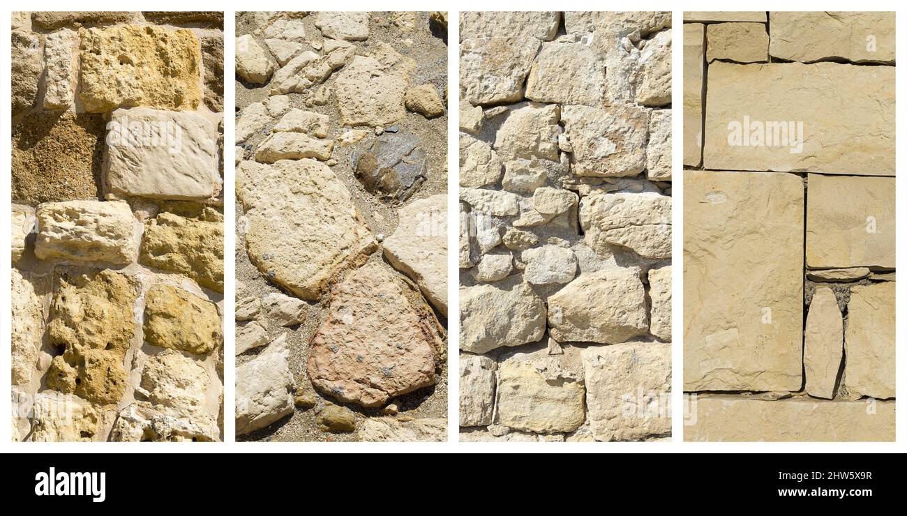 A collage of stone, light and different textures. Stone background ...