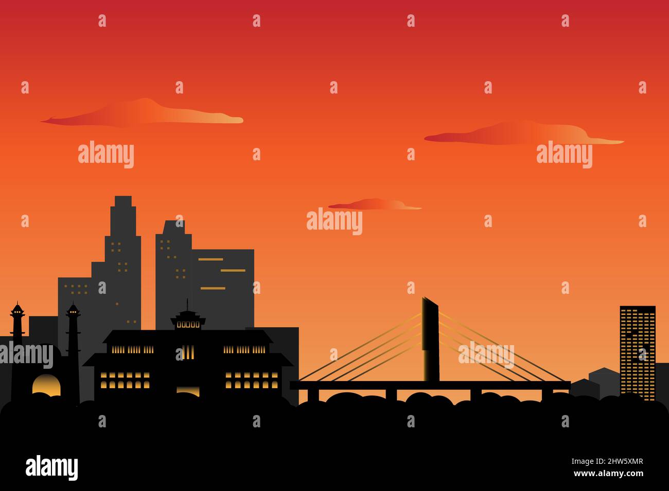 Bandung cityscape at sunset - Silhouete of Bandung City skyline at down ...
