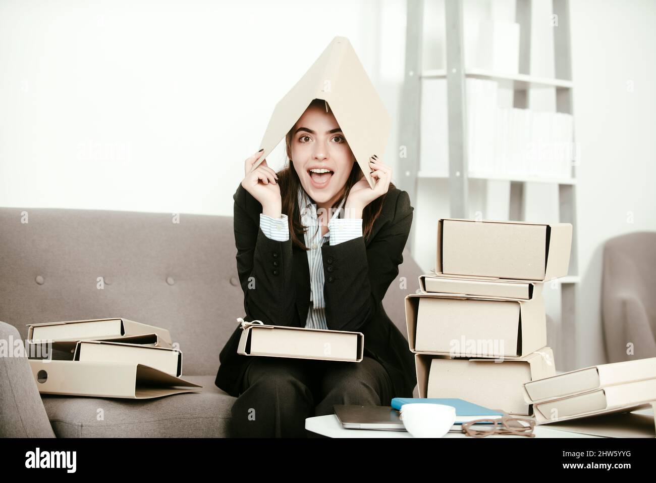 Crazy business. Portrait of young businesswoman accountant in formal ...