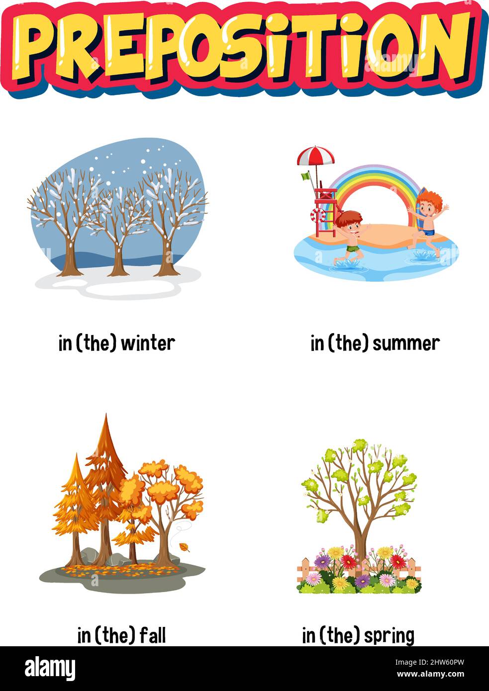 Prepostion wordcard design with different seasons illustration Stock ...