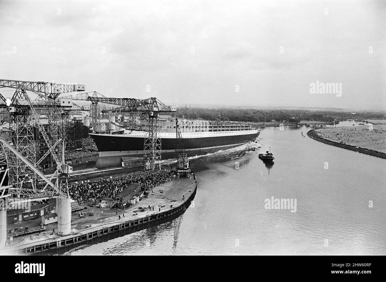 Queen Elizabeth II launching the Cunard Cruise Liner, The QE2 in the ...