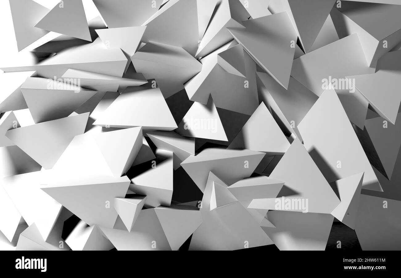 Abstract background with white 3D shapes flying in the light as a messy ...