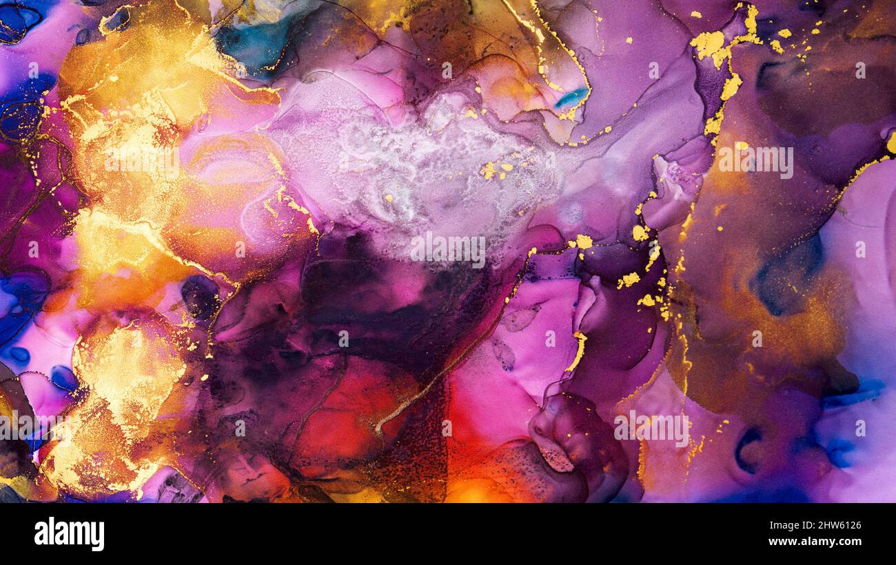 Abstract smudges and stains made with alcohol ink and golden pigment ...