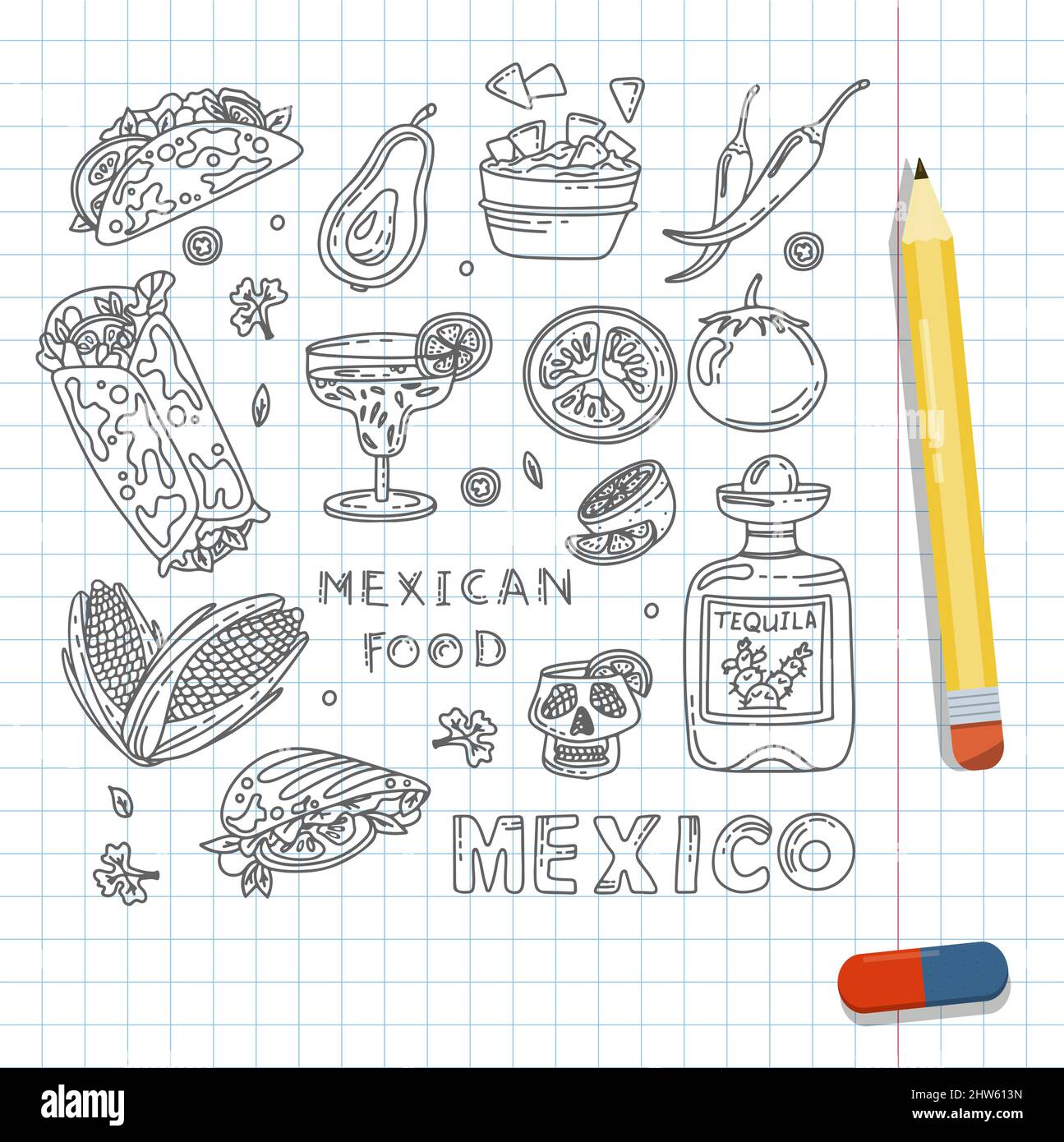 Mexican cuisine, vector doodle food set. National spicy food, fast food ...