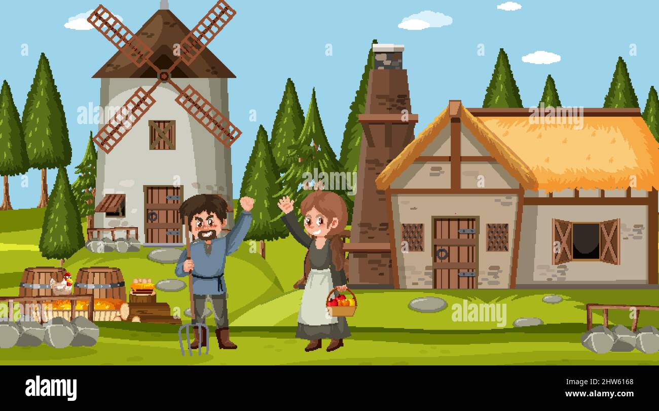 Medieval town scene with villagers illustration Stock Vector Image ...