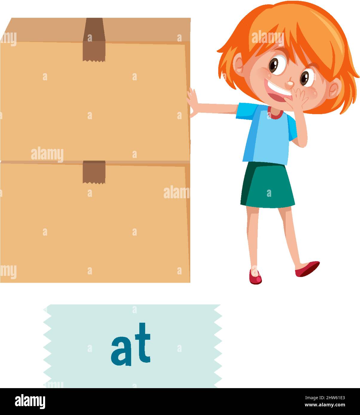Preposition Of Place With Cartoon Girl And A Box Illustration Stock