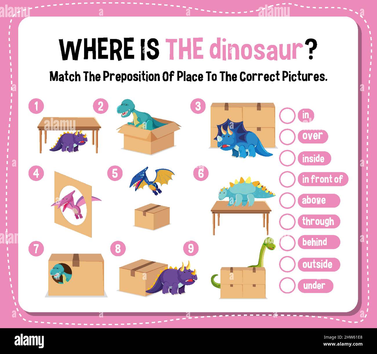Preposition wordcard with dinosaurs and boxes illustration Stock Vector ...