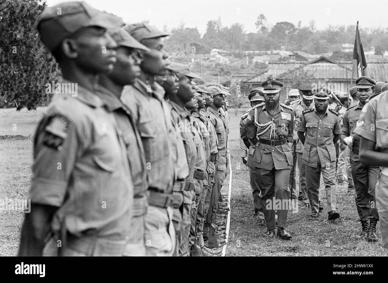 Biafran soldiers line up for inspection by Colonel Odumegwu Ojukwu, the Military Governor of ...