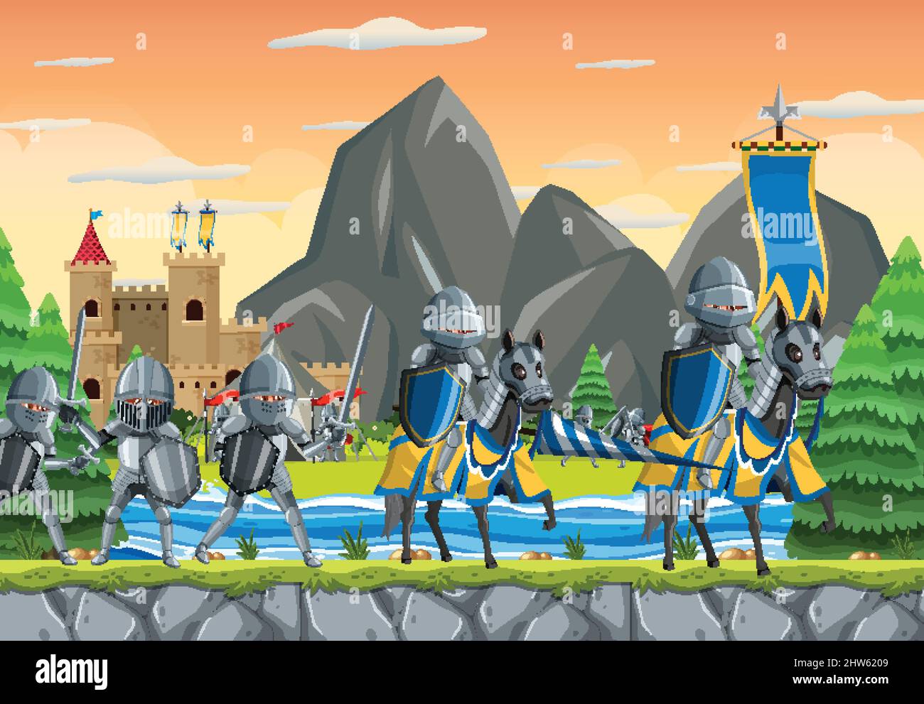 Medieval outdoor scene with armoured knights illustration Stock Vector ...