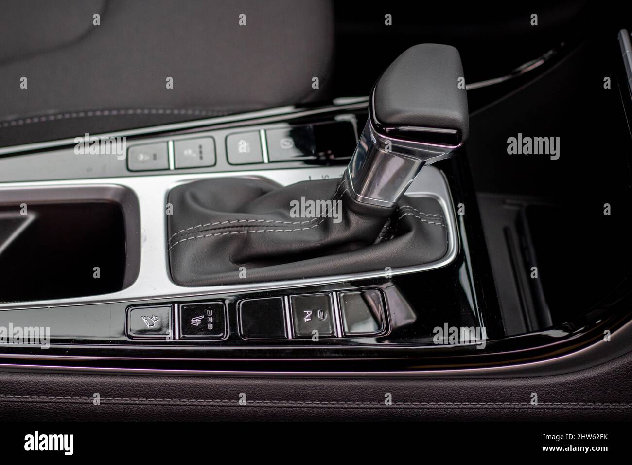 The interior of a new car. Automatic transmission in leather trim Stock ...