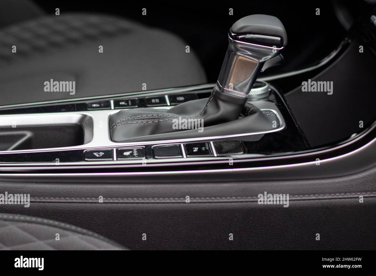 The interior of a new car. Automatic transmission in leather trim Stock ...