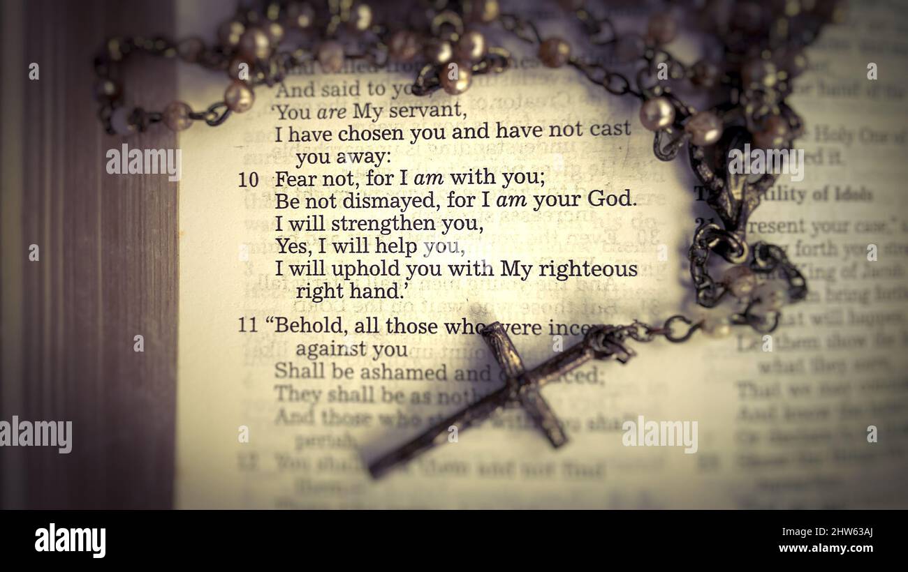 Top view of Bible verses with blurred Holy Rosary Background Stock ...
