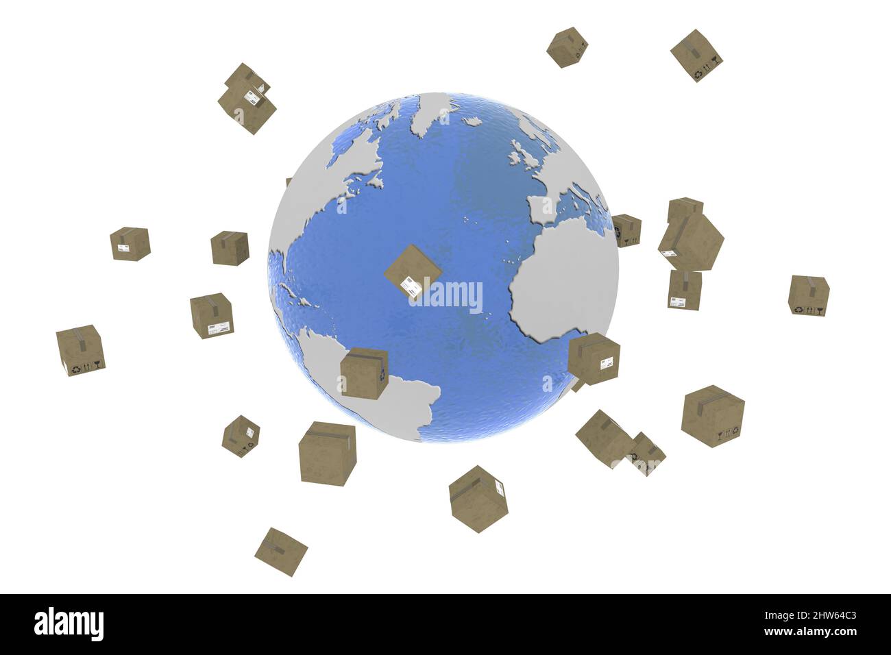 3D illustration. Shipping around the world. Parcels rotate around the ...