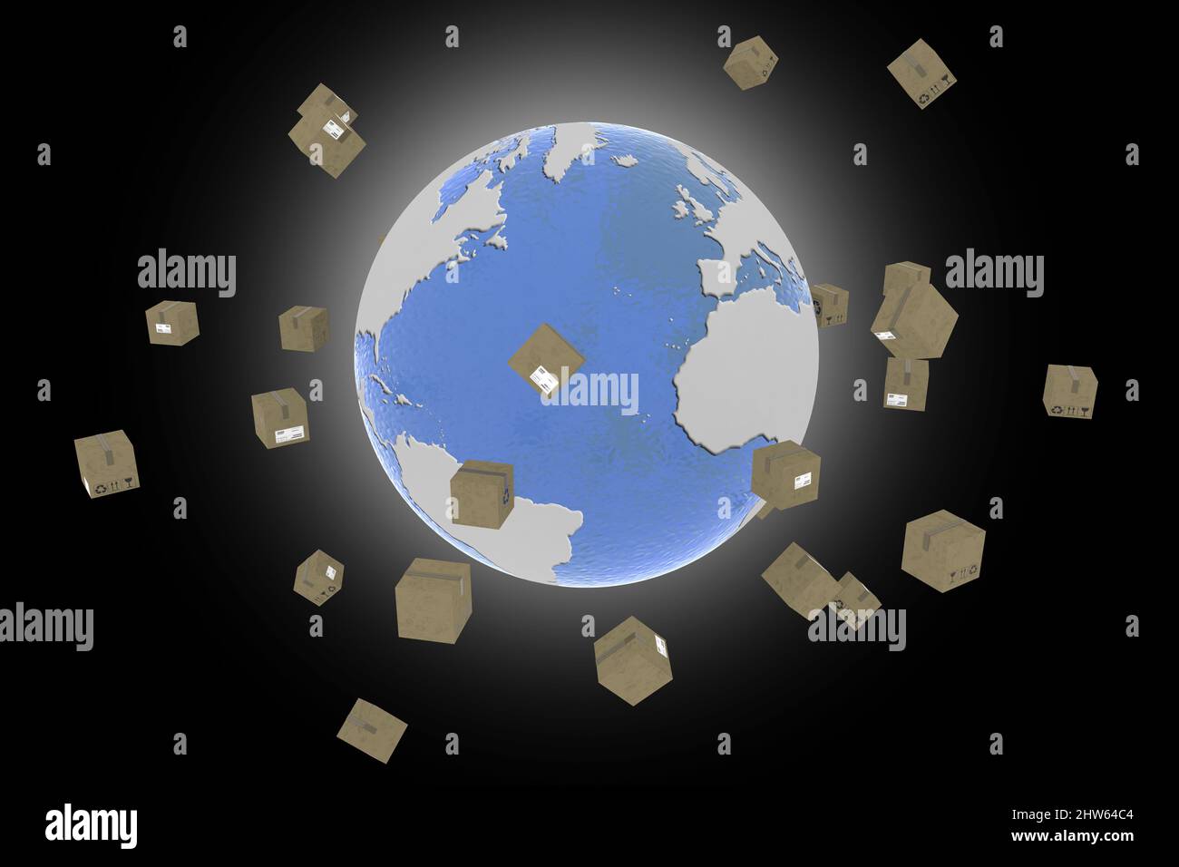 3D illustration. Shipping around the world. Parcels rotate around the ...