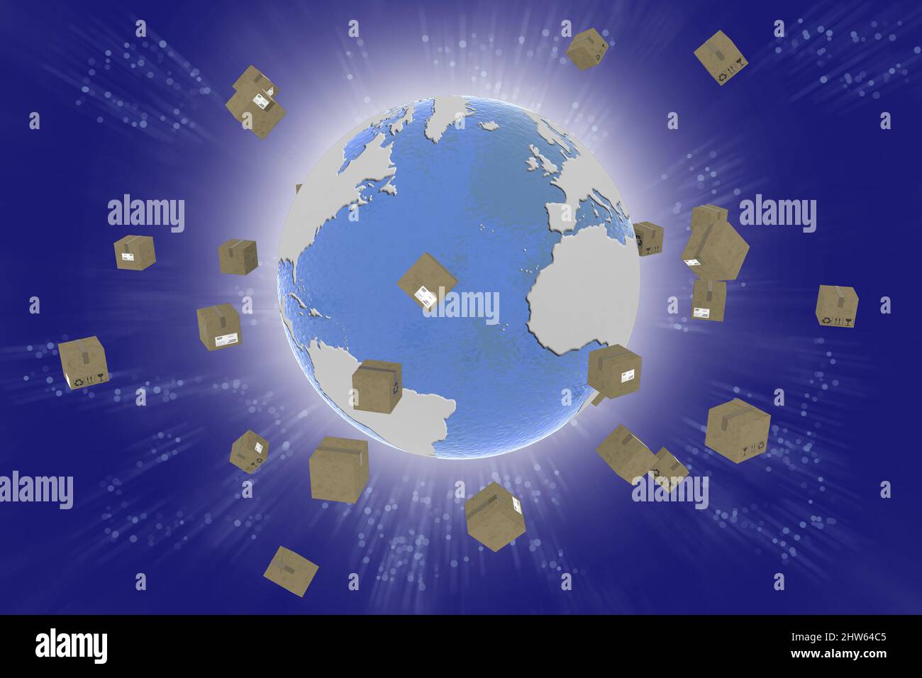 3D illustration. Shipping around the world. Parcels rotate around the ...