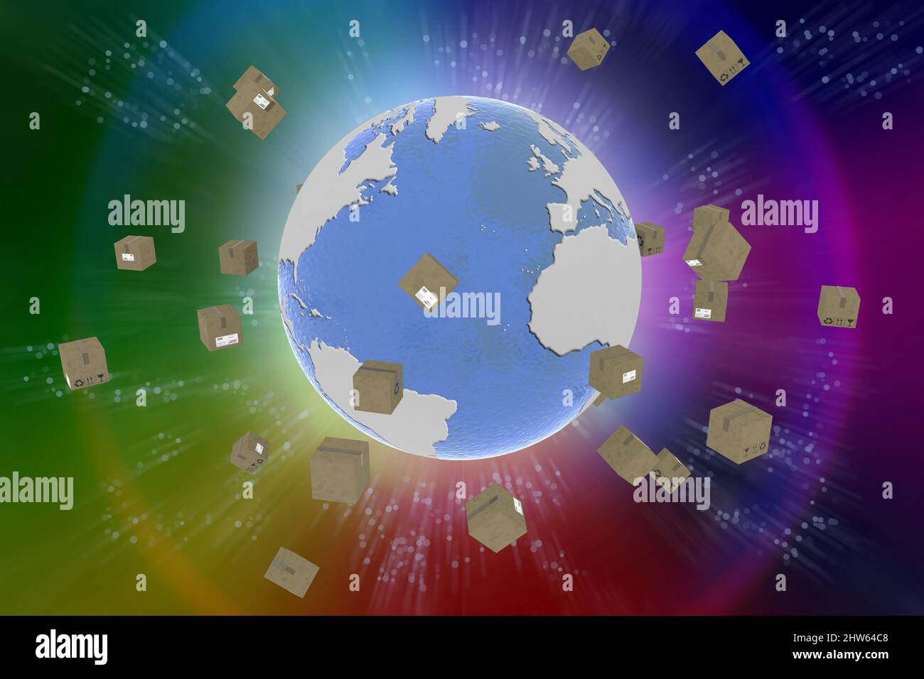 3D illustration. Shipping around the world. Parcels rotate around the ...