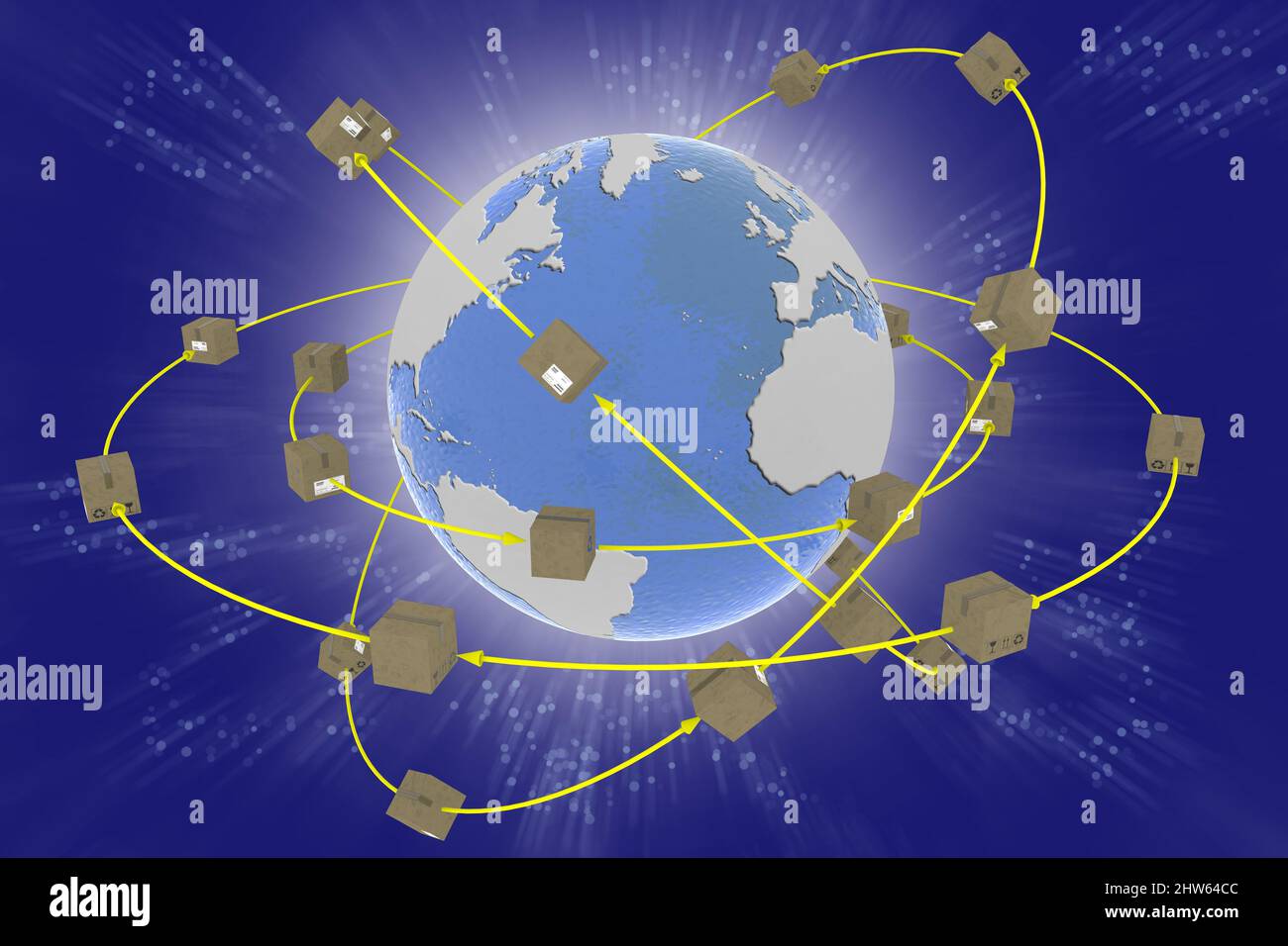 3D illustration. Shipping around the world. Parcels rotate around the ...