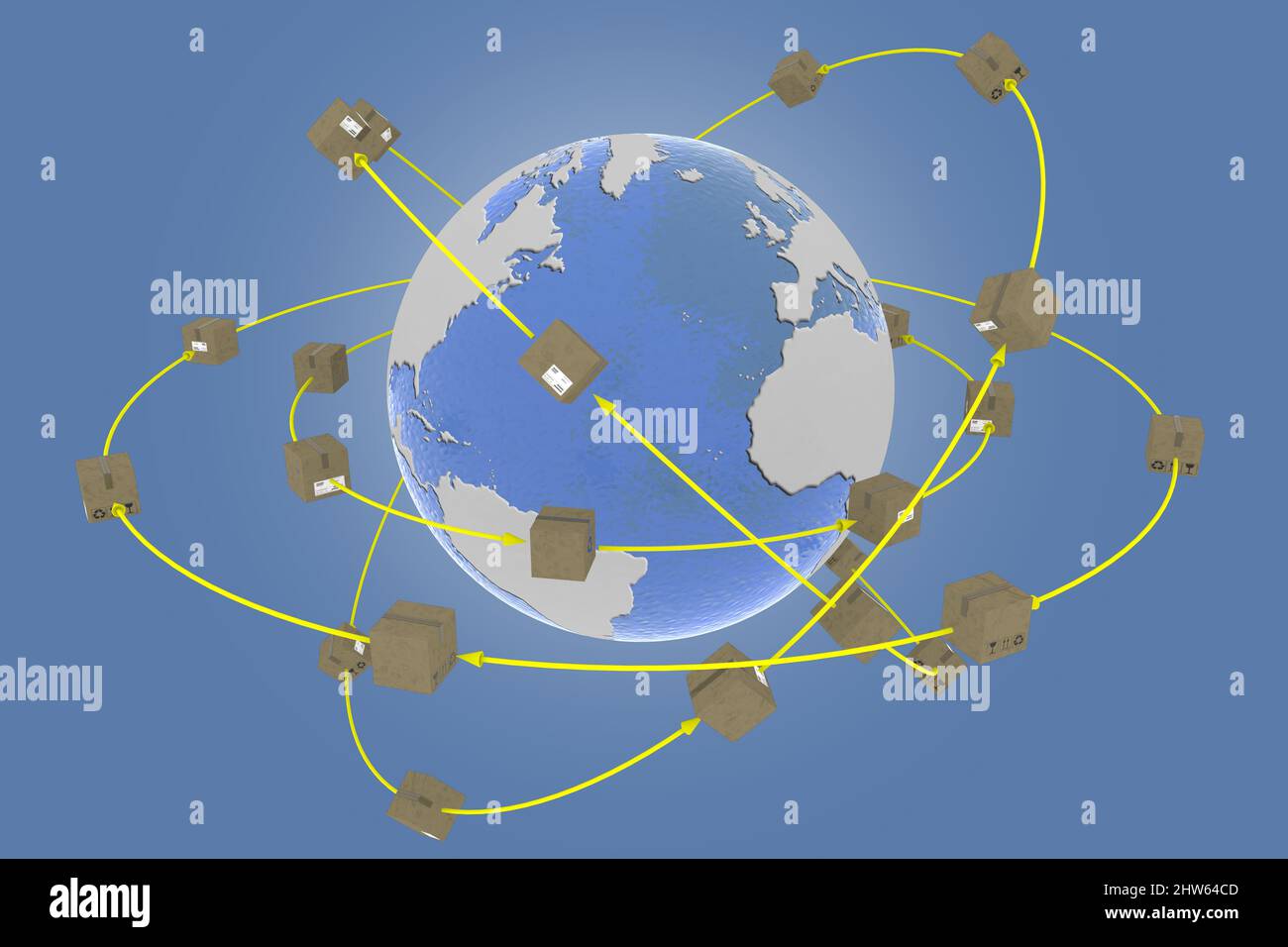 3D illustration. Shipping around the world. Parcels rotate around the ...