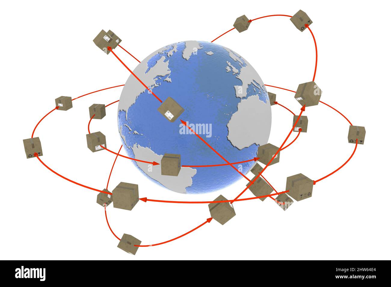 3D illustration. Shipping around the world. Parcels rotate around the ...