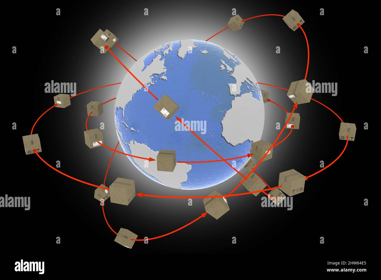 3D illustration. Shipping around the world. Parcels rotate around the ...