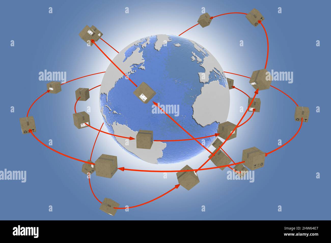 3D illustration. Shipping around the world. Parcels rotate around the ...