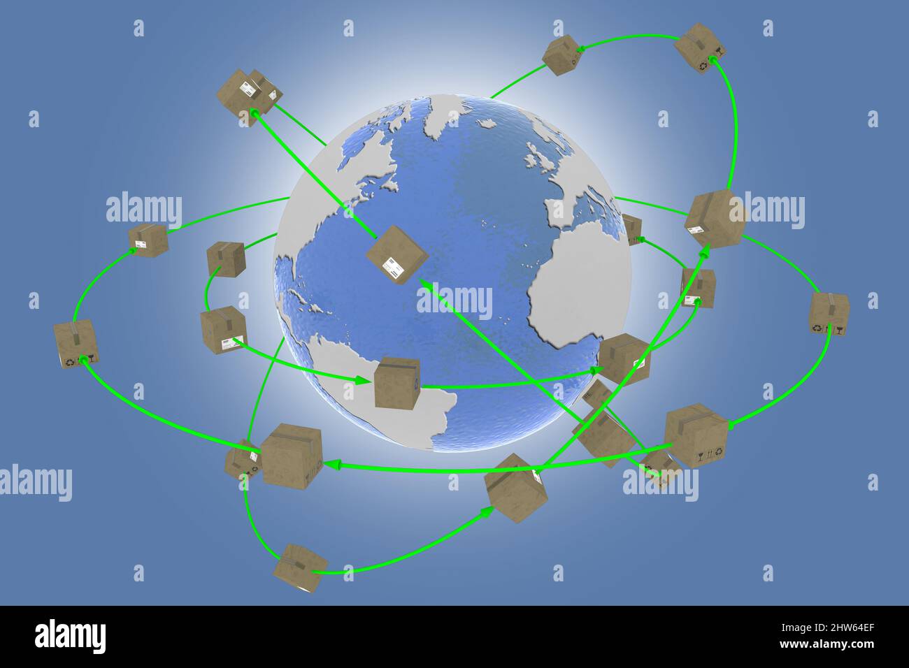 3D illustration. Shipping around the world. Parcels rotate around the ...