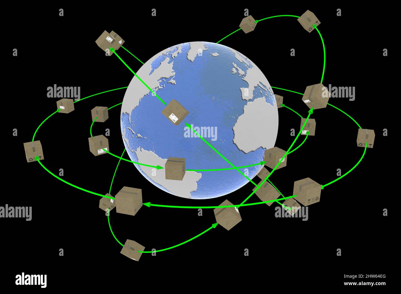3D illustration. Shipping around the world. Parcels rotate around the ...