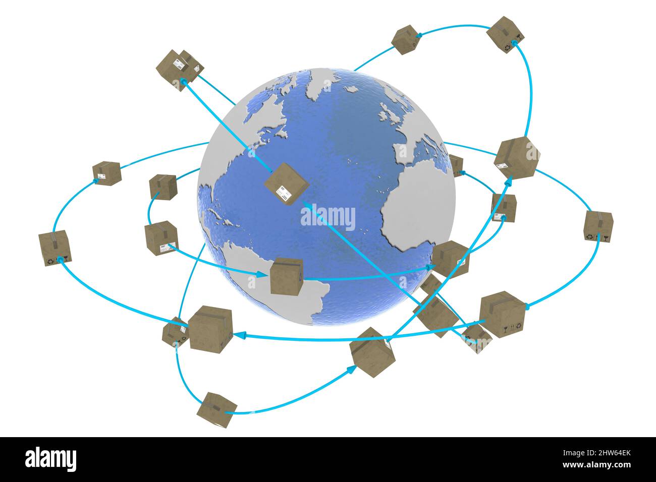 3D illustration. Shipping around the world. Parcels rotate around the ...